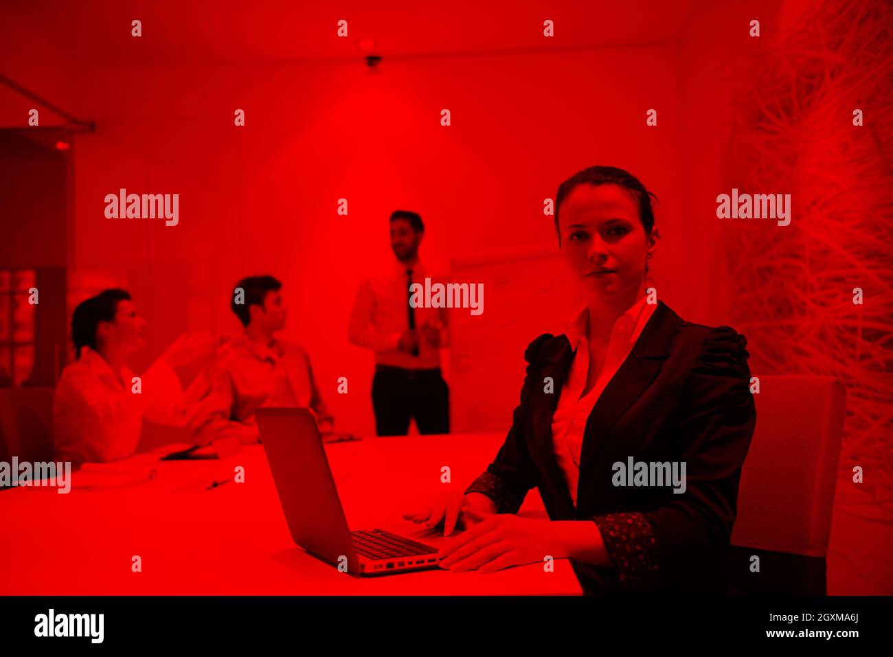 young business woman on meeting usineg laptop computer, blured group of ...