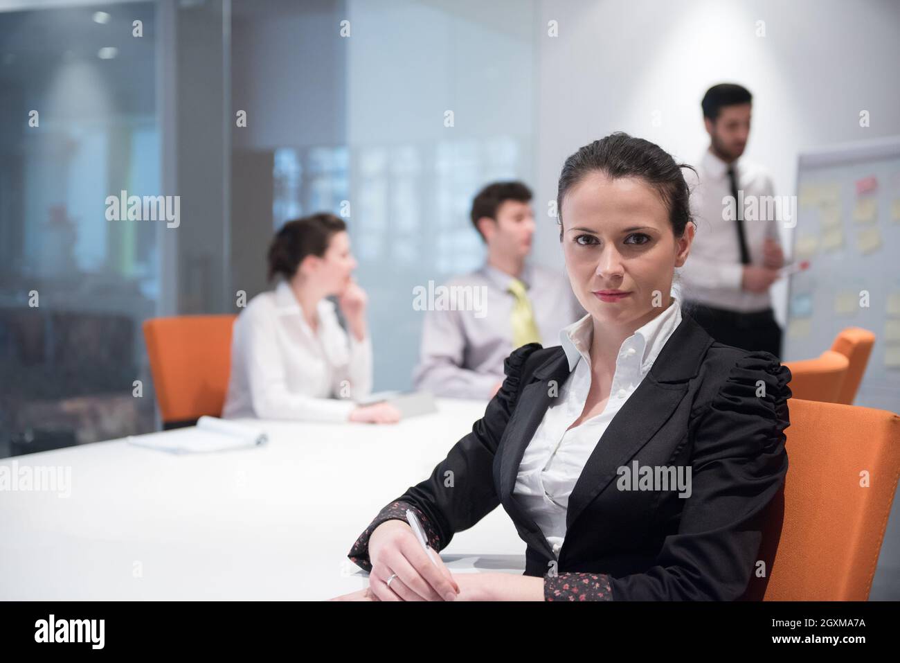 young business woman on meeting usineg laptop computer, blured group of ...