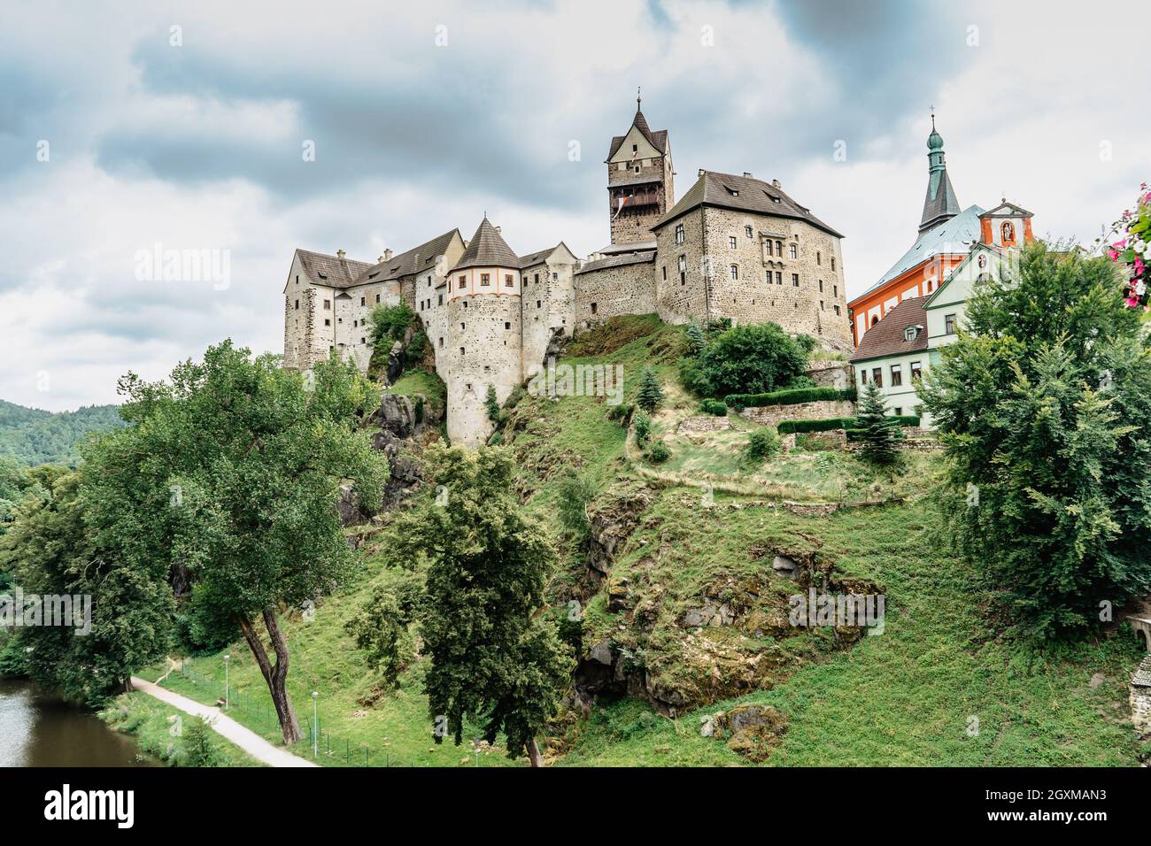 Panoramic view of famous medieval town of Loket,Elbogen, with colorful ...