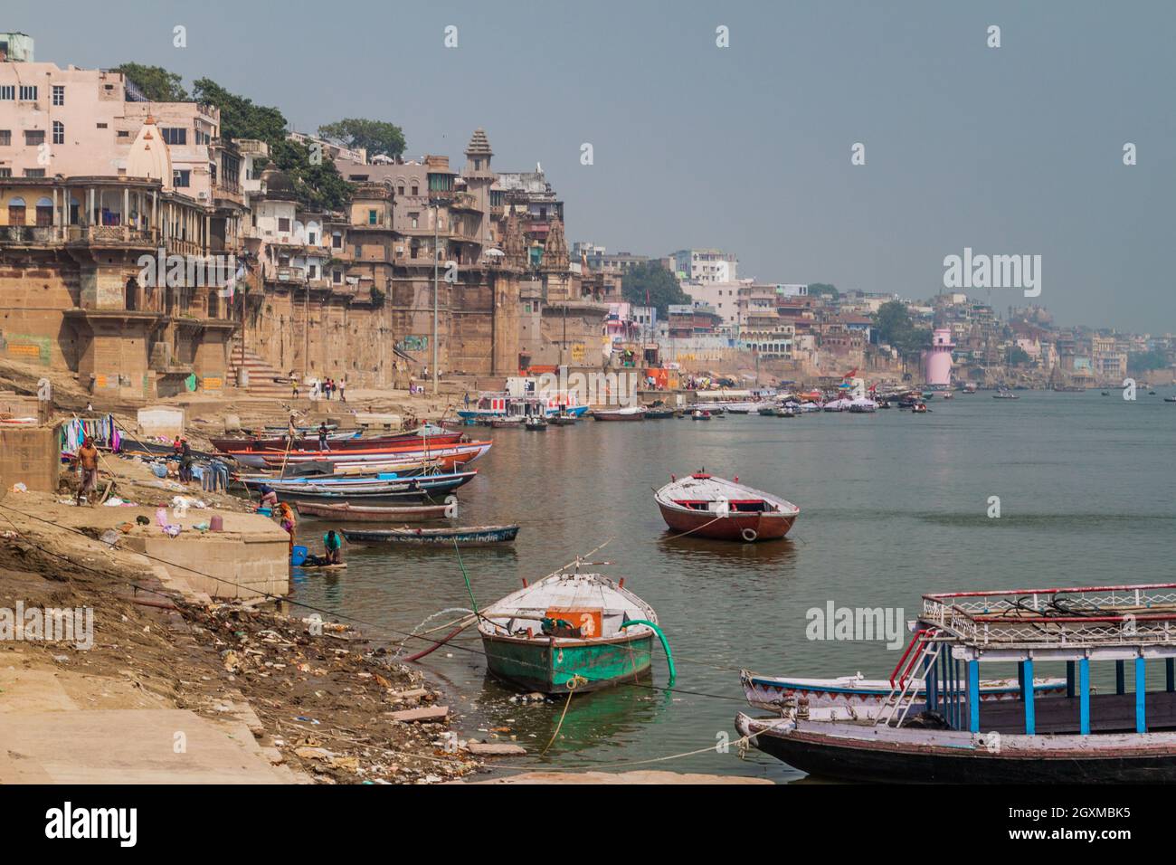 VARANASI, INDIA - OCTOBER 25, 2016: View of Ghats riverfront steps ...