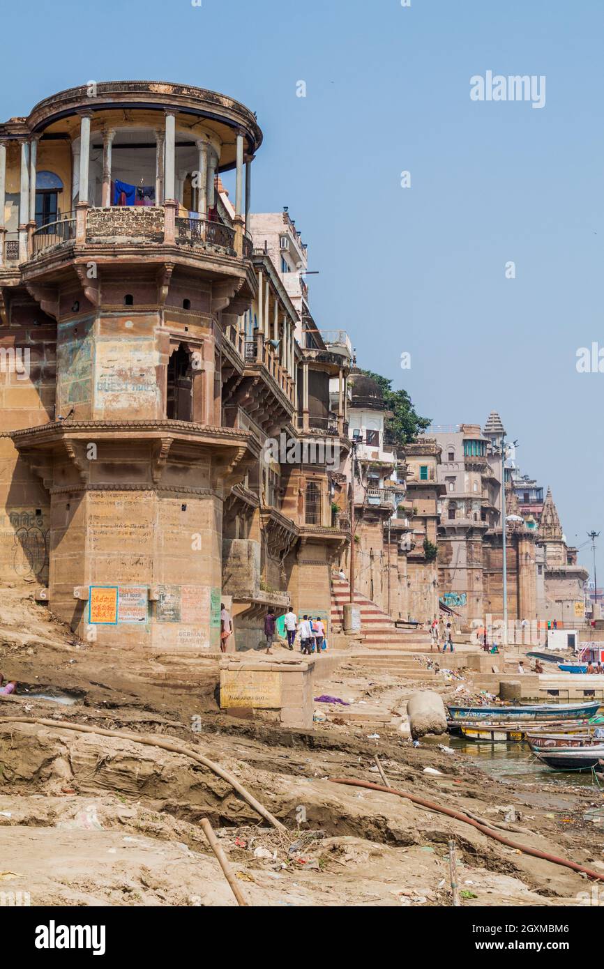 VARANASI, INDIA - OCTOBER 25, 2016: View of Ghats riverfront steps ...