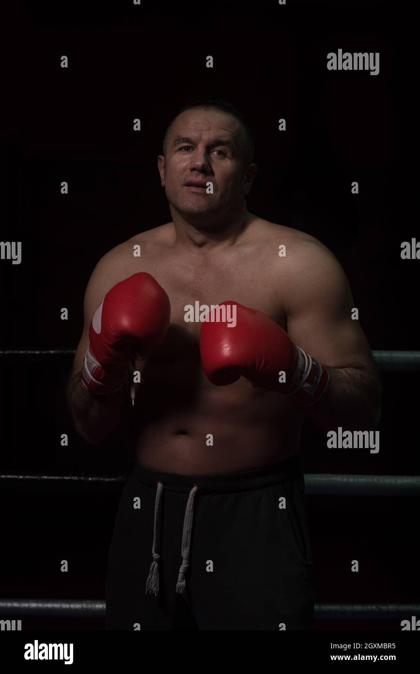 professional kickboxer with hands in martial arts position training for ...