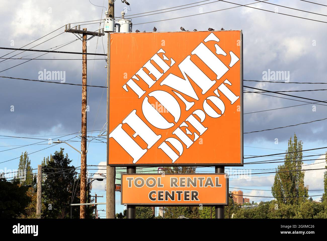 The Home Depot signage on a pole against a cloudy sky, Seattle ...