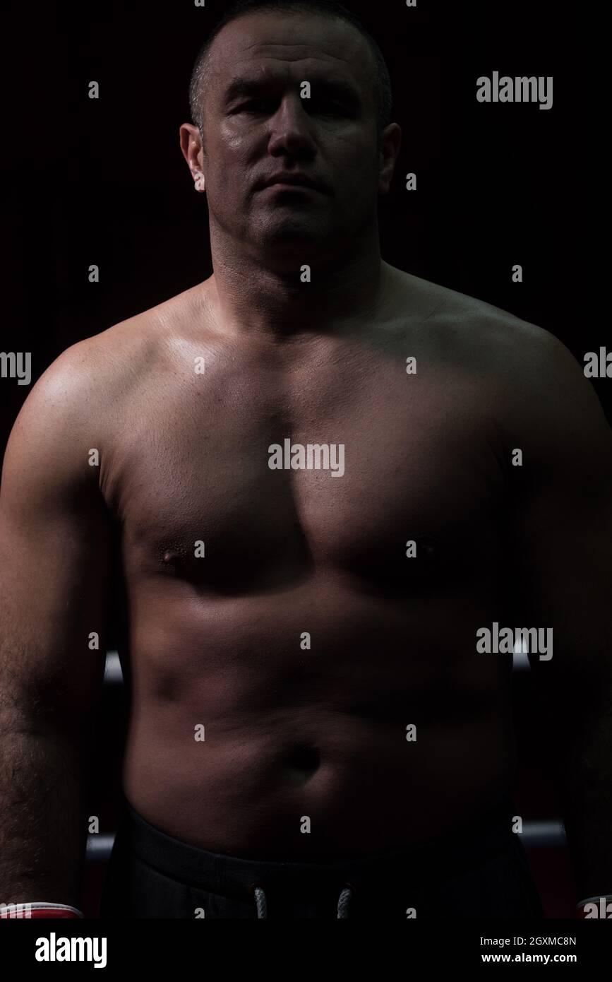 portrait of muscular professional kickboxer who standing in the ring ...