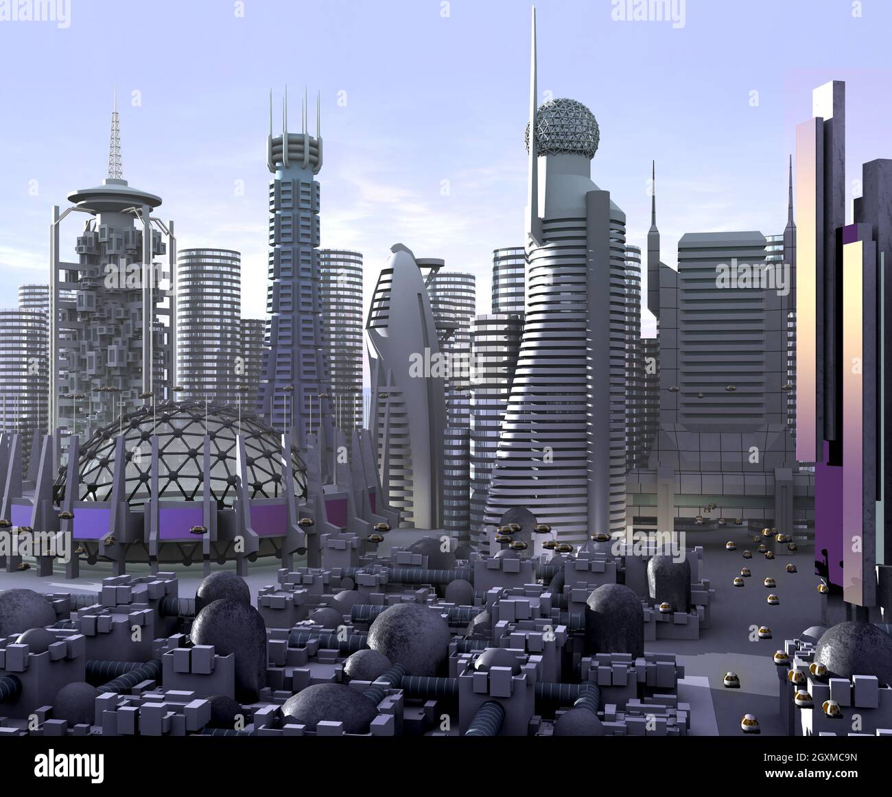 Futuristic mega city skyline architecture with metallic structures, for ...