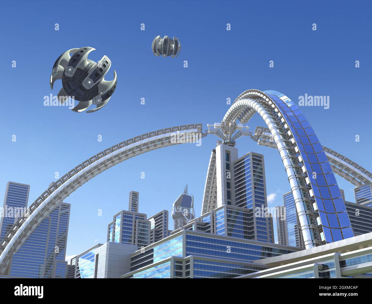Futuristic mega city skyline architecture with metallic arched ...