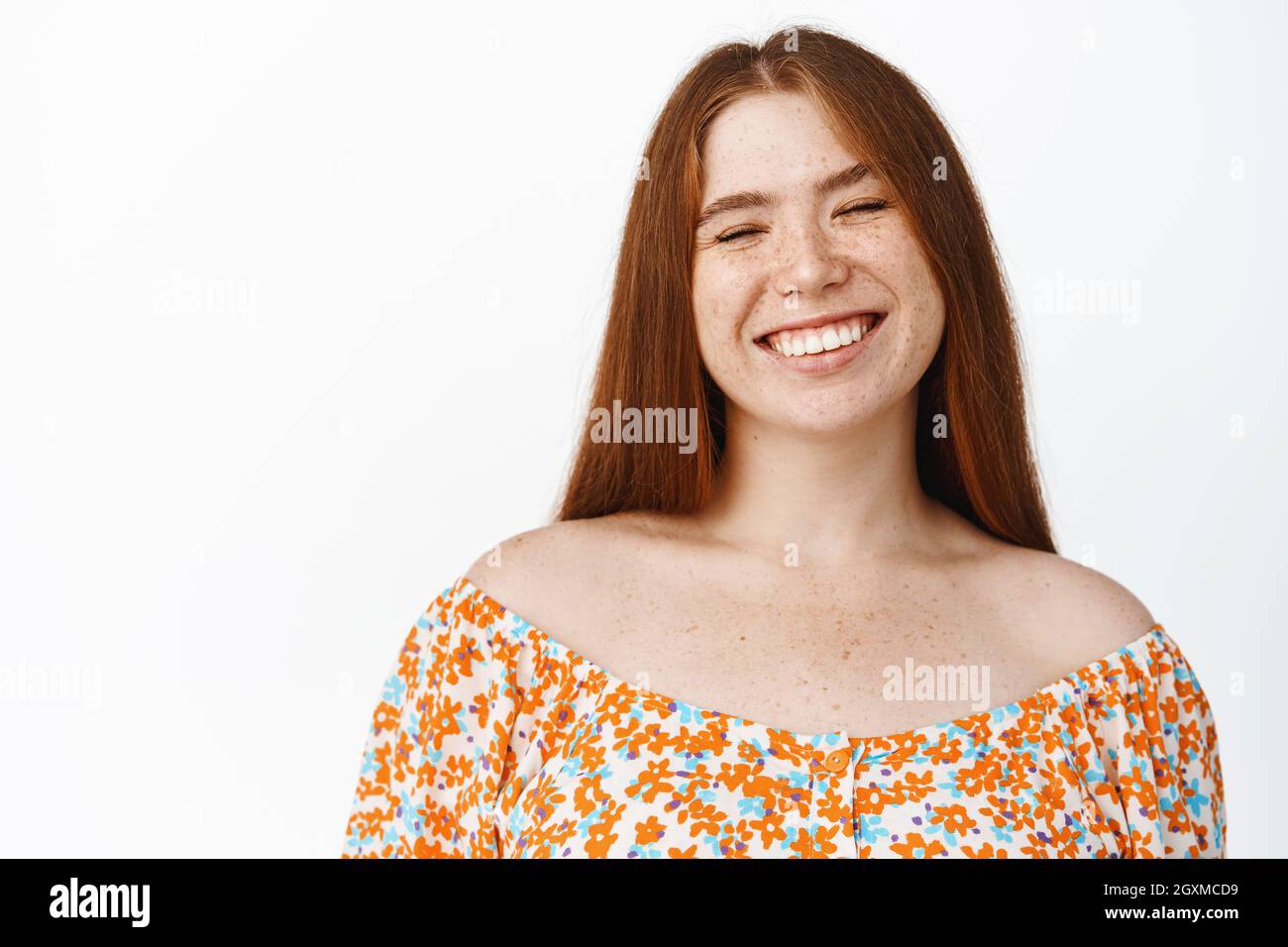 Happy Redhead Girl Close Her Eyes And Laughing Smiling Carefree