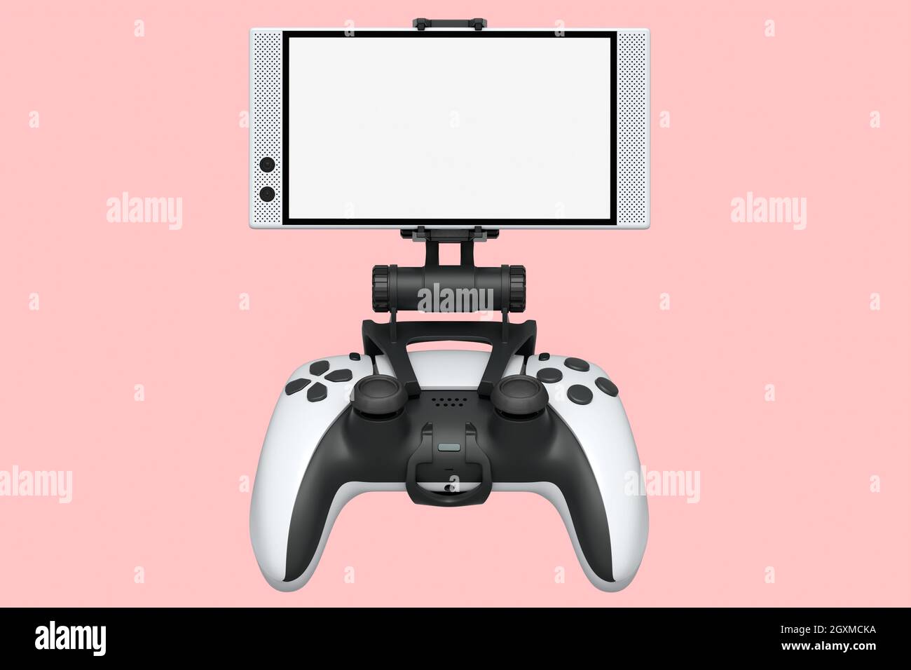 Realistic white joystick for playing games on a mobile phone on pink ...