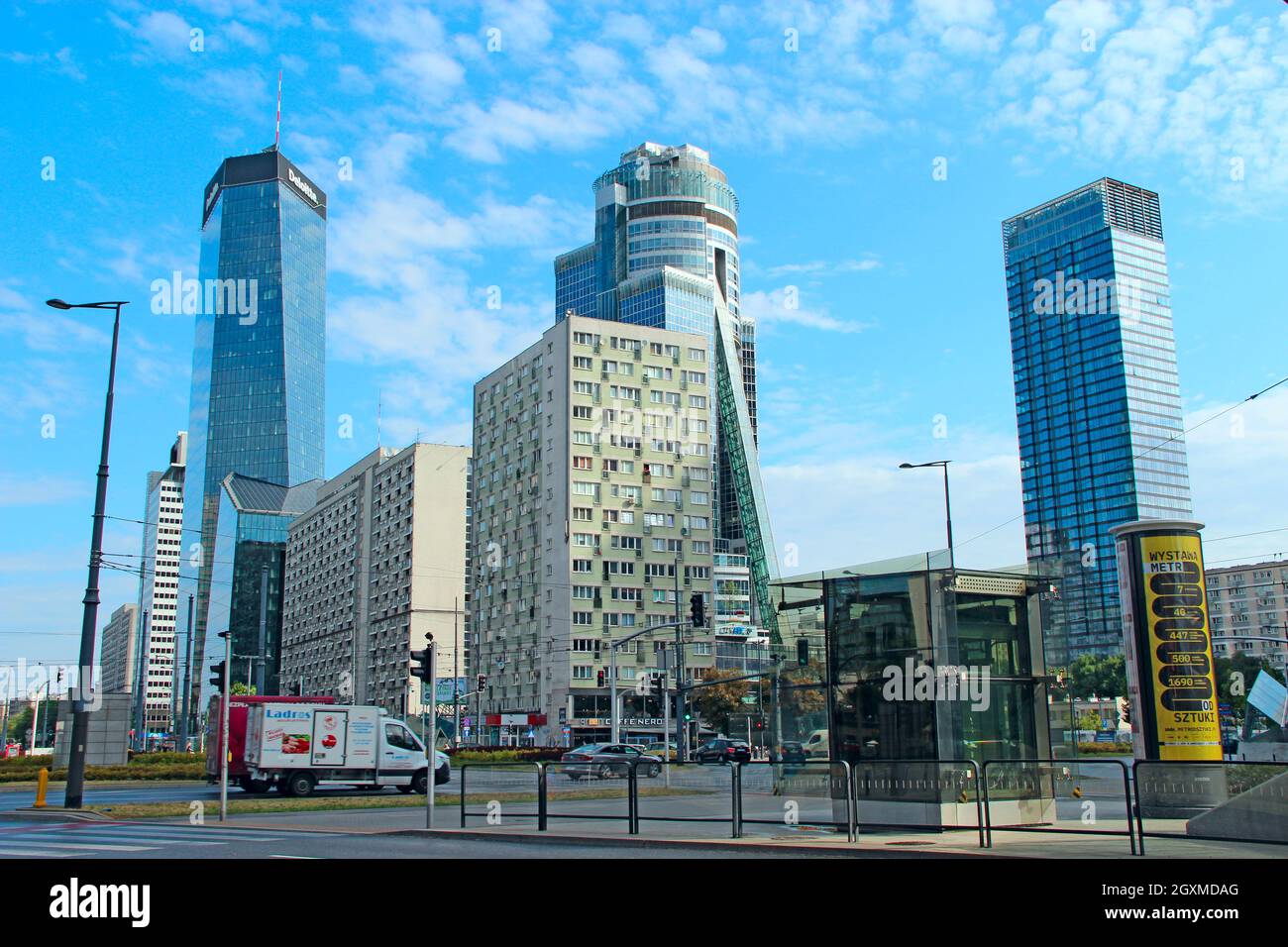 High glass skyscrapers in Warsaw. Modern architecture of city buildings ...