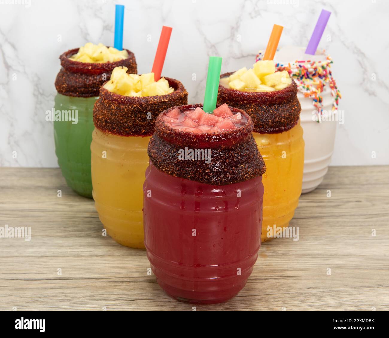 Variety of choices of fruit flavors and bright colors of infused fruit ...