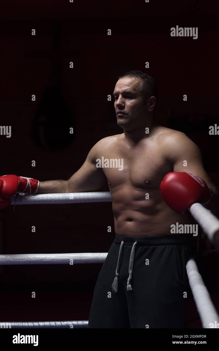 muscular professional kick boxer resting on the ropes in the corner of ...