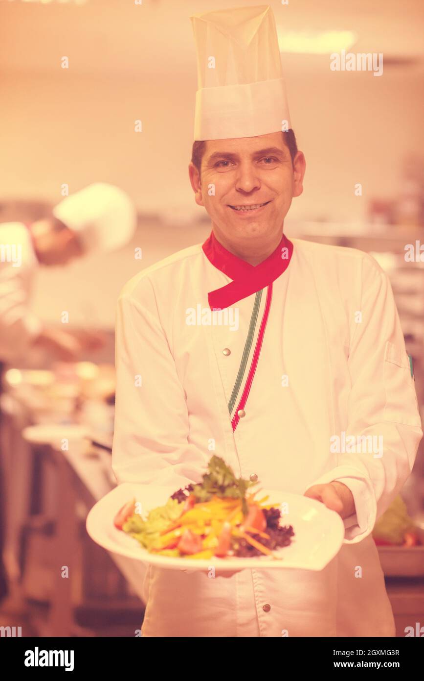young Chef presenting a plate of tasty meal in commercial kitchen Stock ...