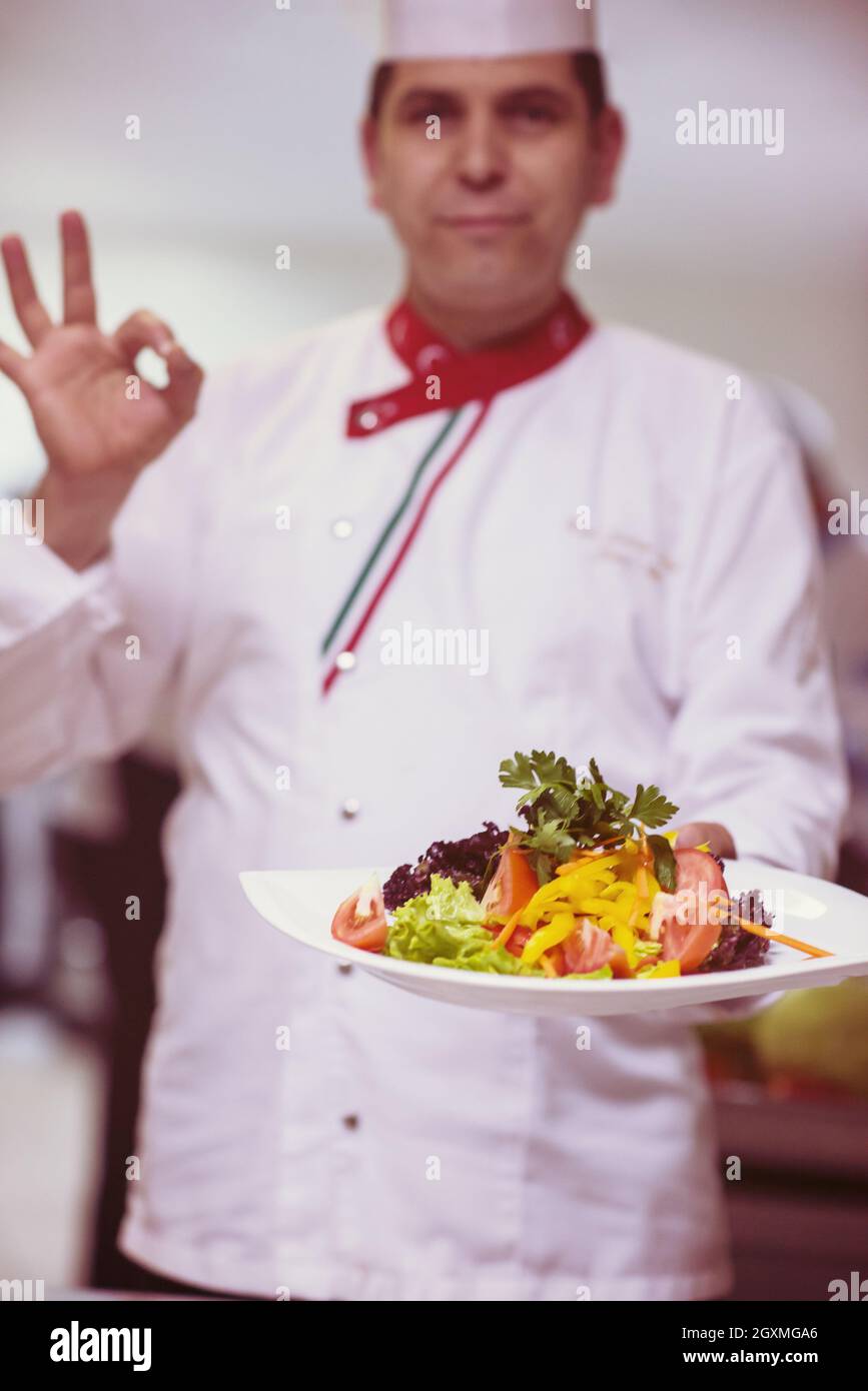 young Chef presenting a plate of tasty meal in commercial kitchen Stock ...