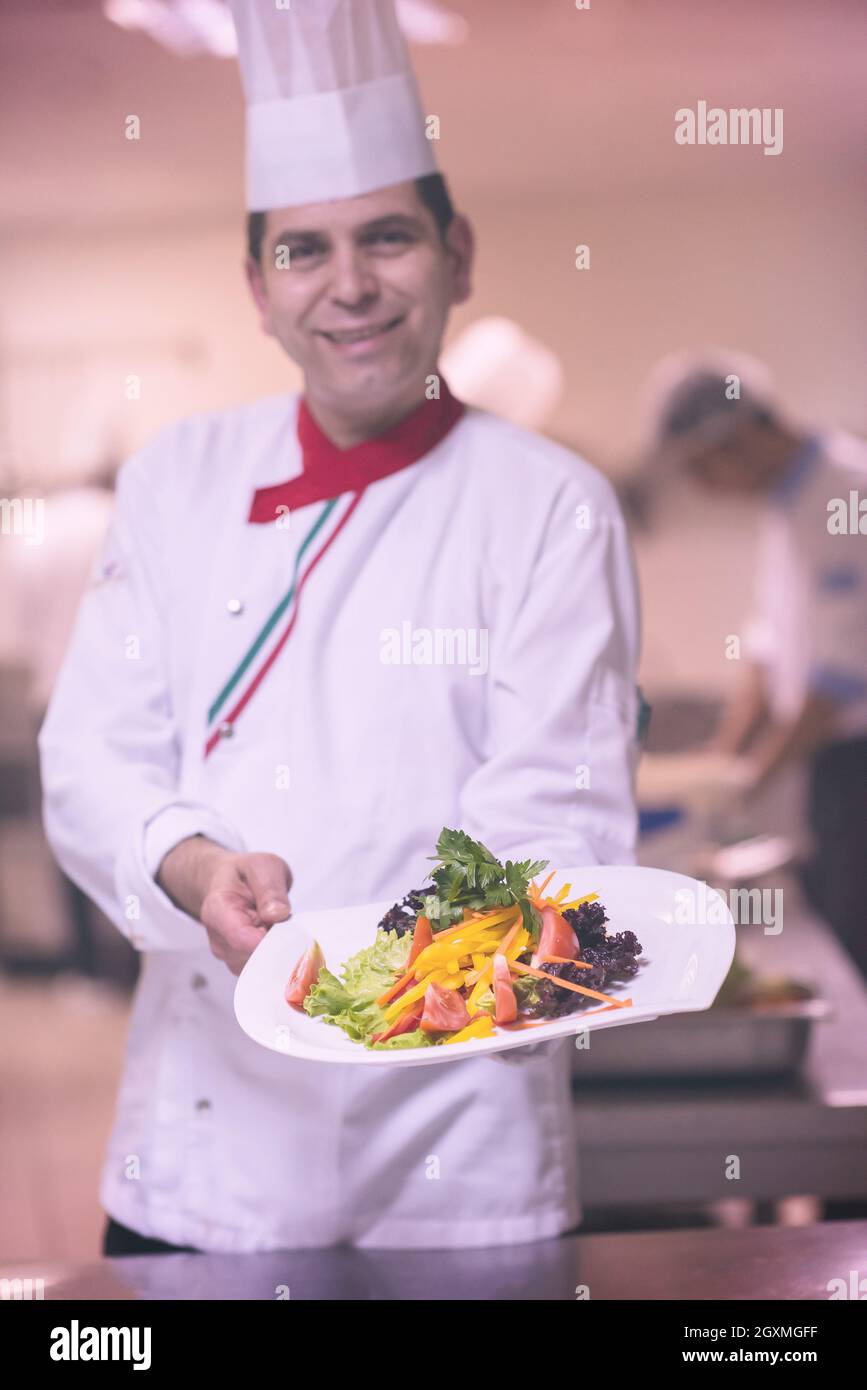 young Chef presenting a plate of tasty meal in commercial kitchen Stock ...