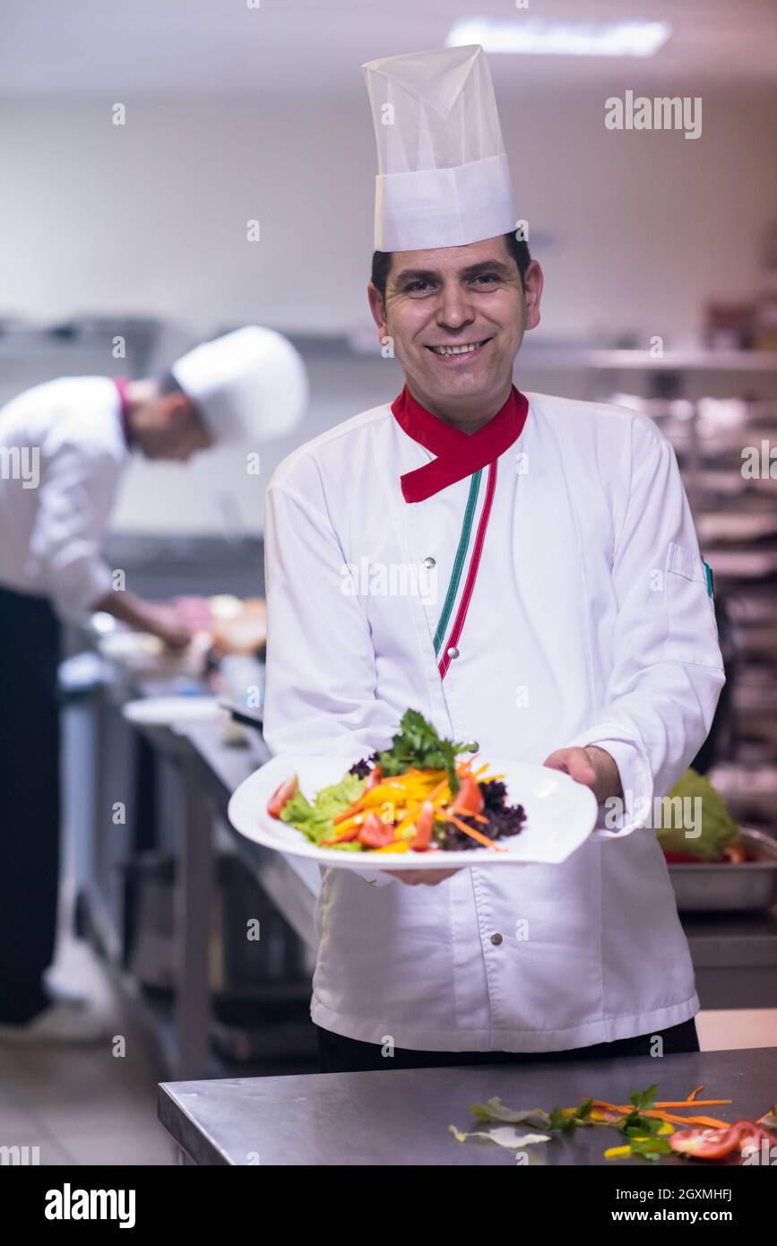 young Chef presenting a plate of tasty meal in commercial kitchen Stock ...