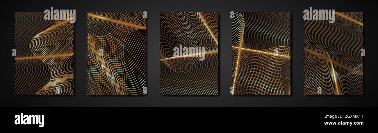 Set black cards abstract engraving golden texture. Wavy etching ...