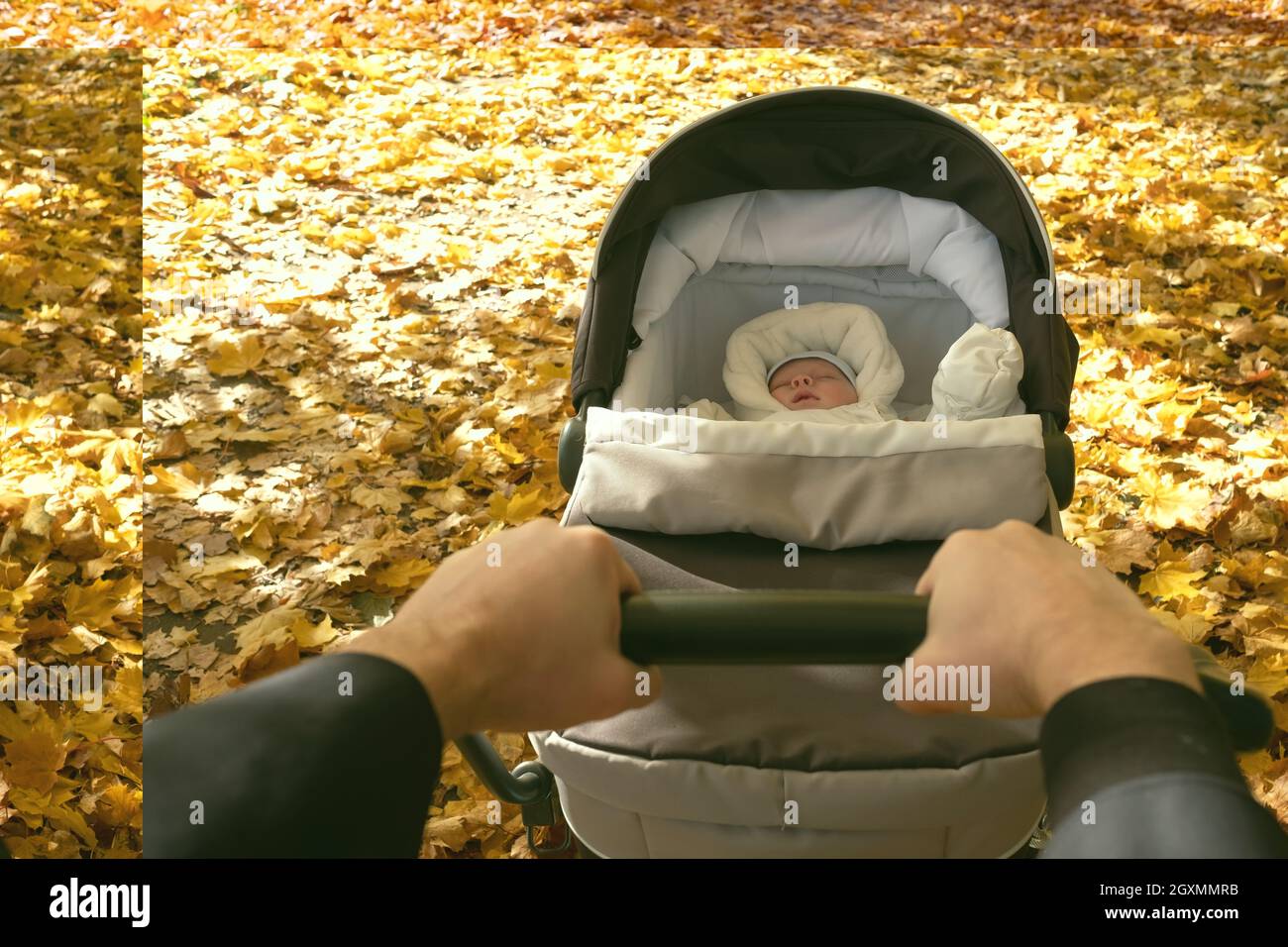 Happy young father with pram sitting on bench in nature at park Stock ...