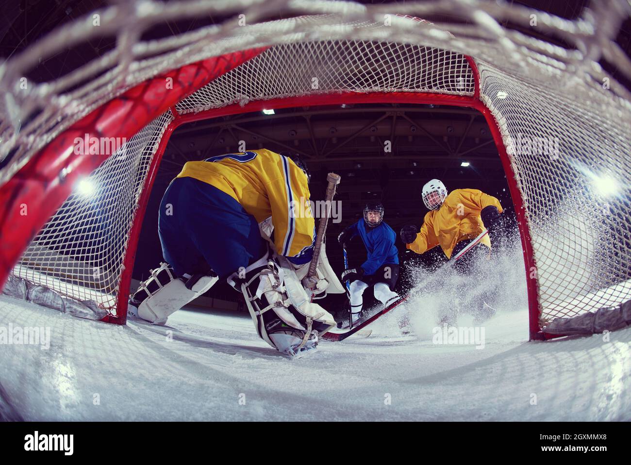 ice hockey goalkeeper player on goal in action Stock Photo - Alamy