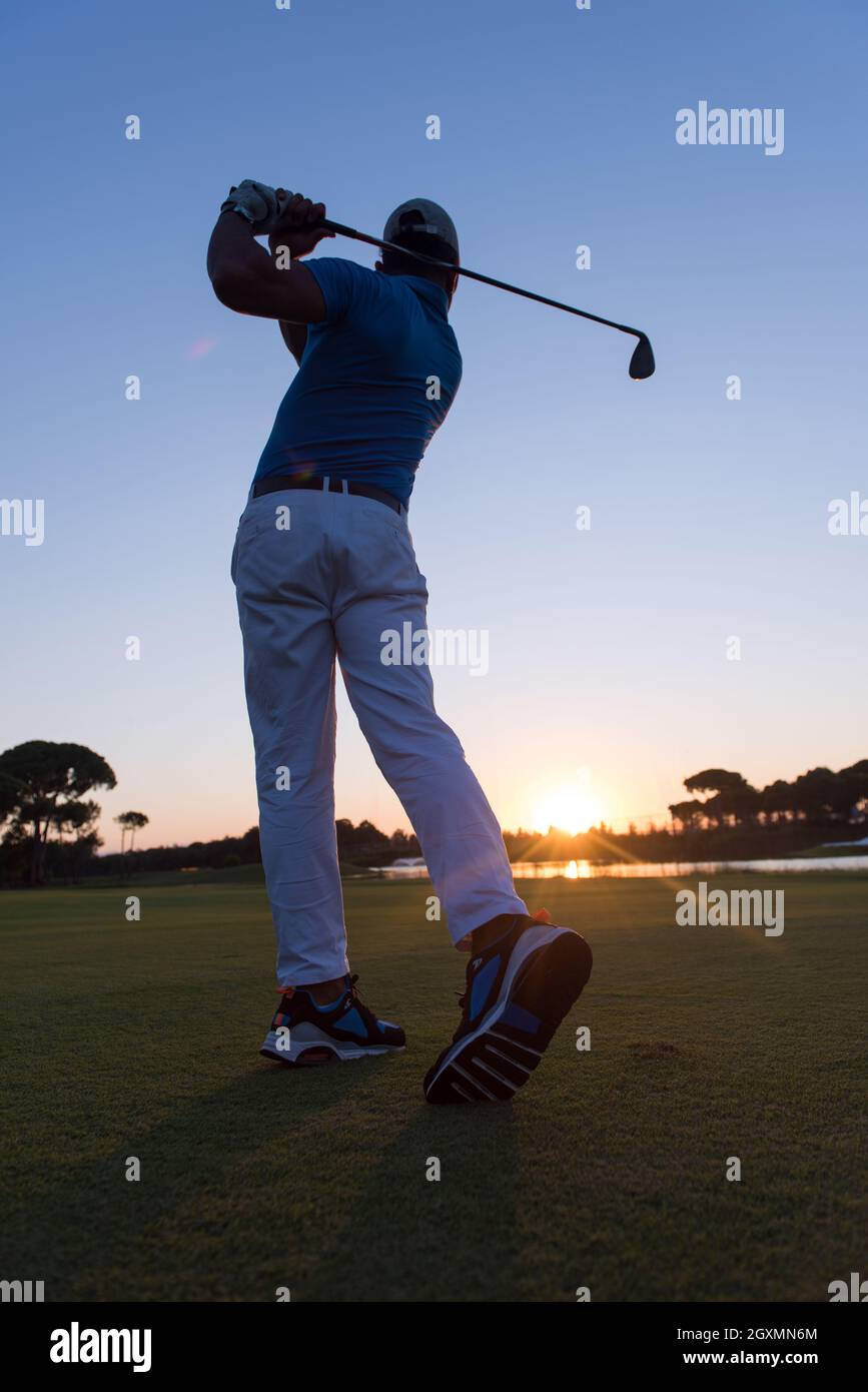 golfer hitting long shot with driver on course at beautiful sunset ...