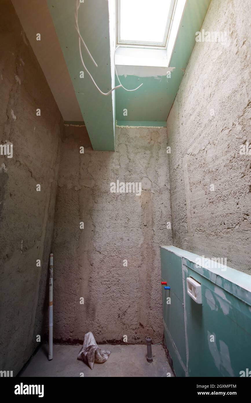 interior of construction site with concrete walls at new unfinished ...