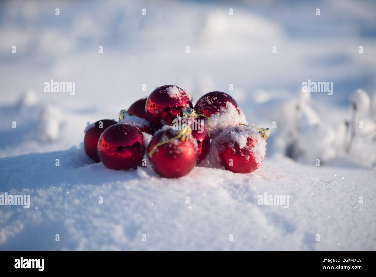 christmas red balls with long shadows in fresh snow on beautiful sunny ...