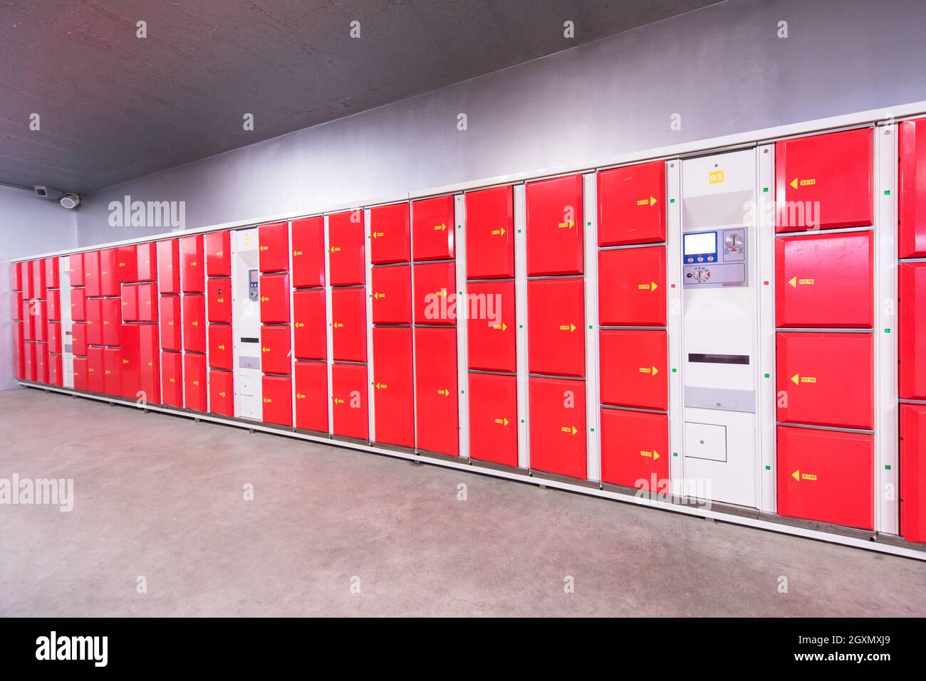red safety lockers in empty Lockers Room Stock Photo - Alamy