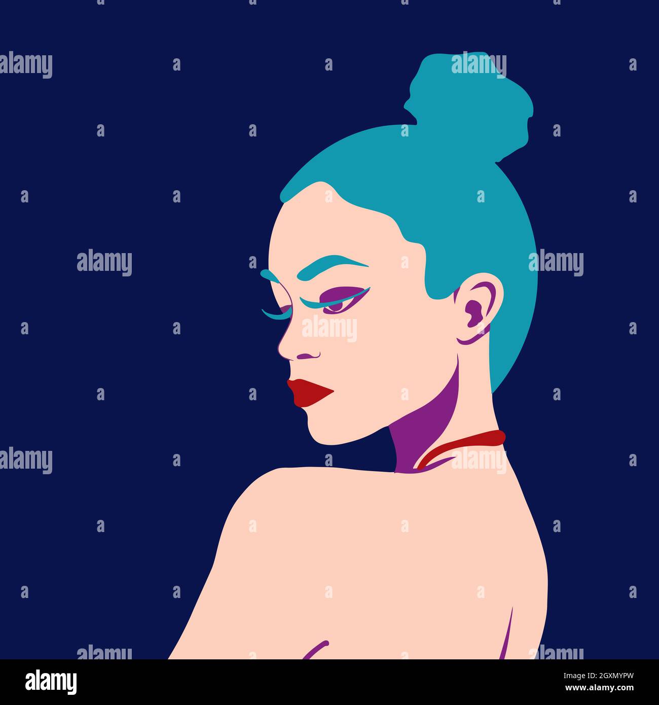 Fashion Portrait Profile Woman Bare Shoulder Blue Hair Bun Vector Isolated Flat Illustration
