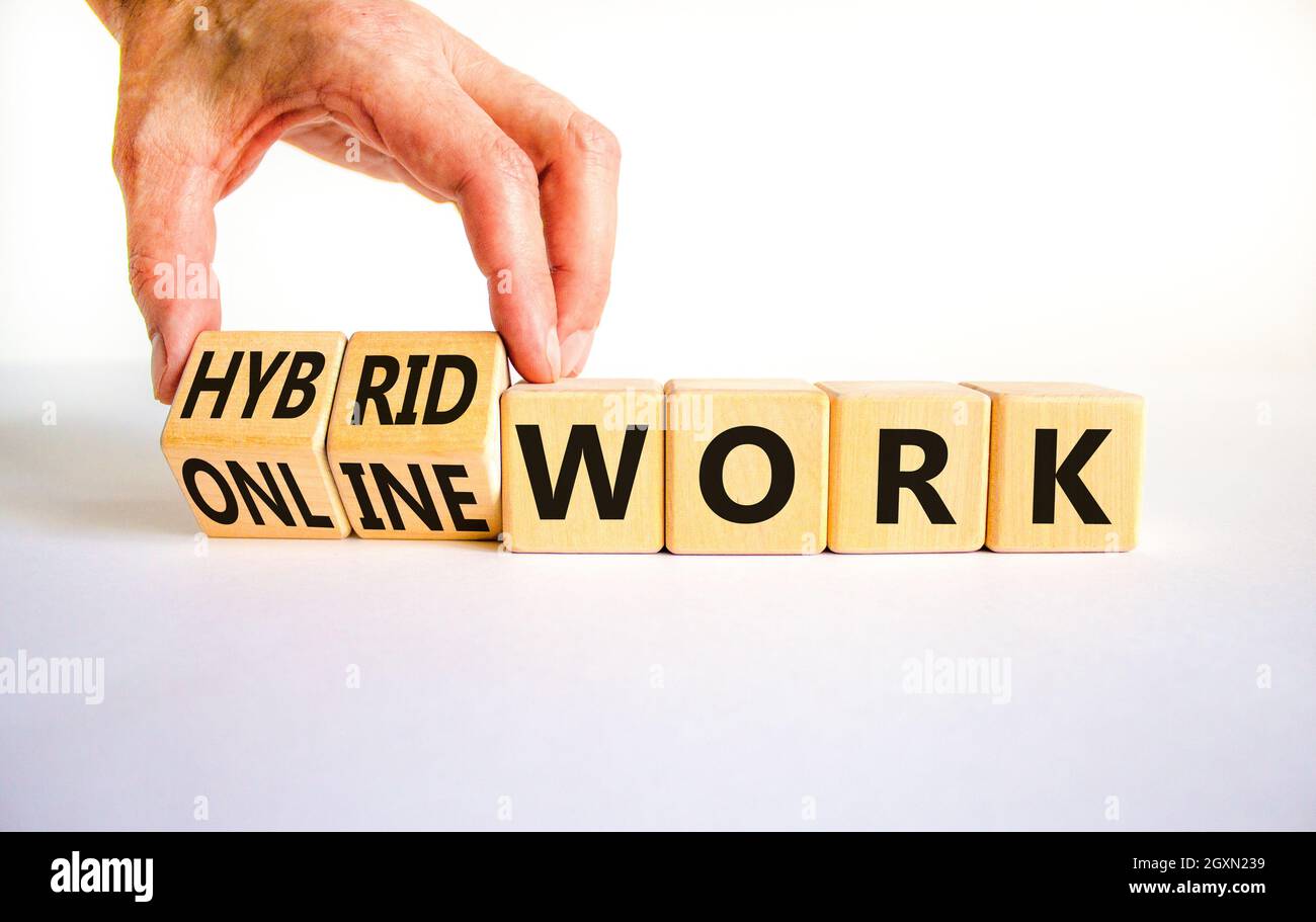 Hybrid or online work symbol. Businessman turns cubes and changes words ...