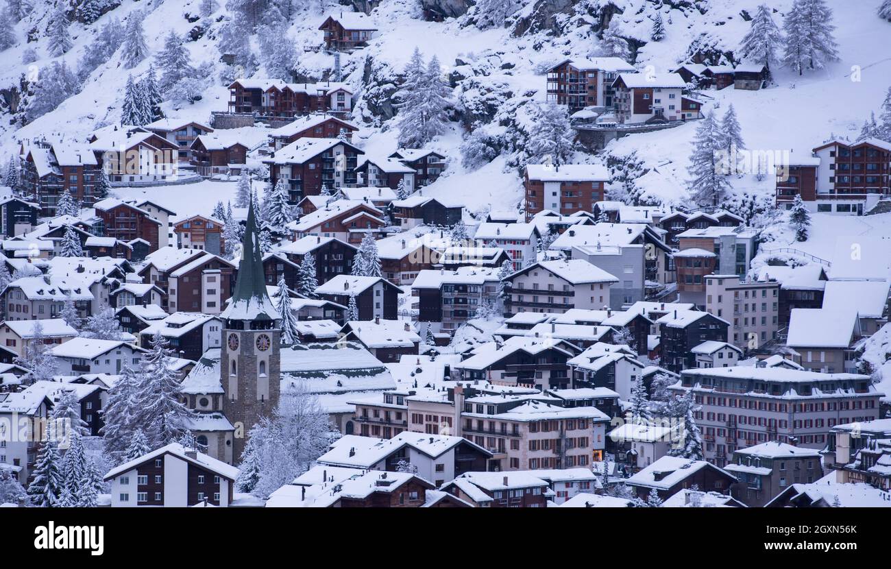 landscape of Zermatt valley and matterhorn peak with fresh snow in ...