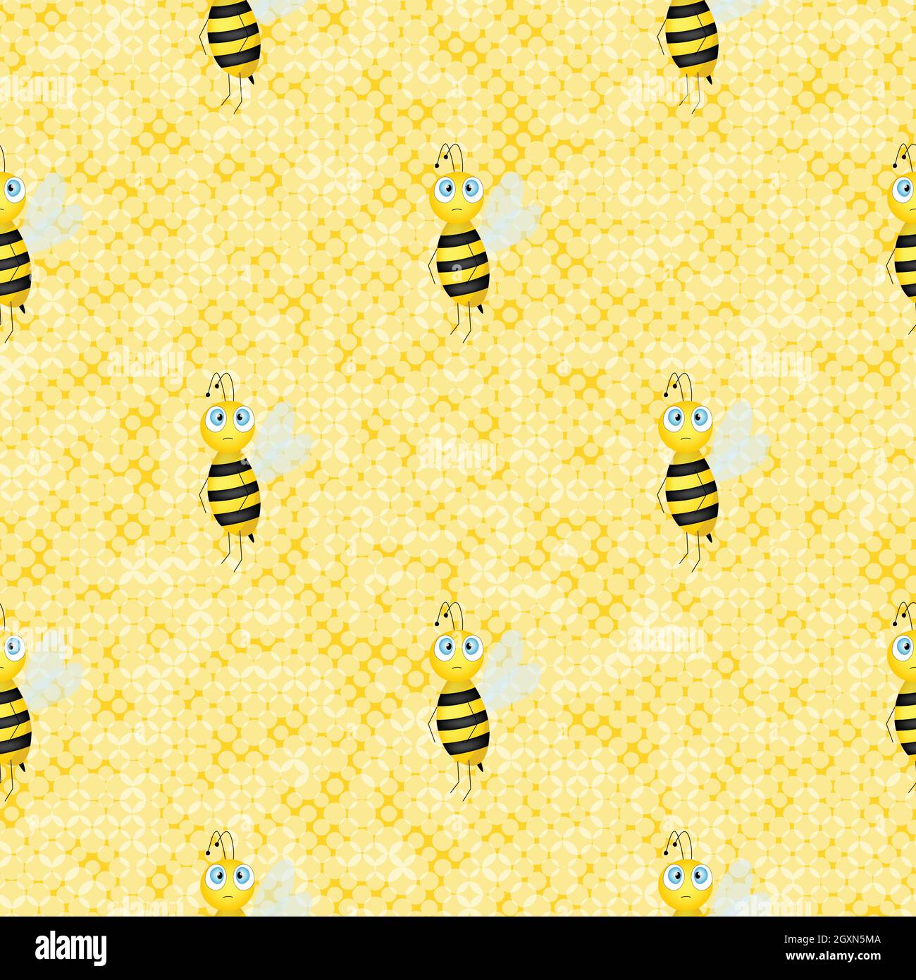 Seamless pattern with bees on color polka dots background. Small wasp ...