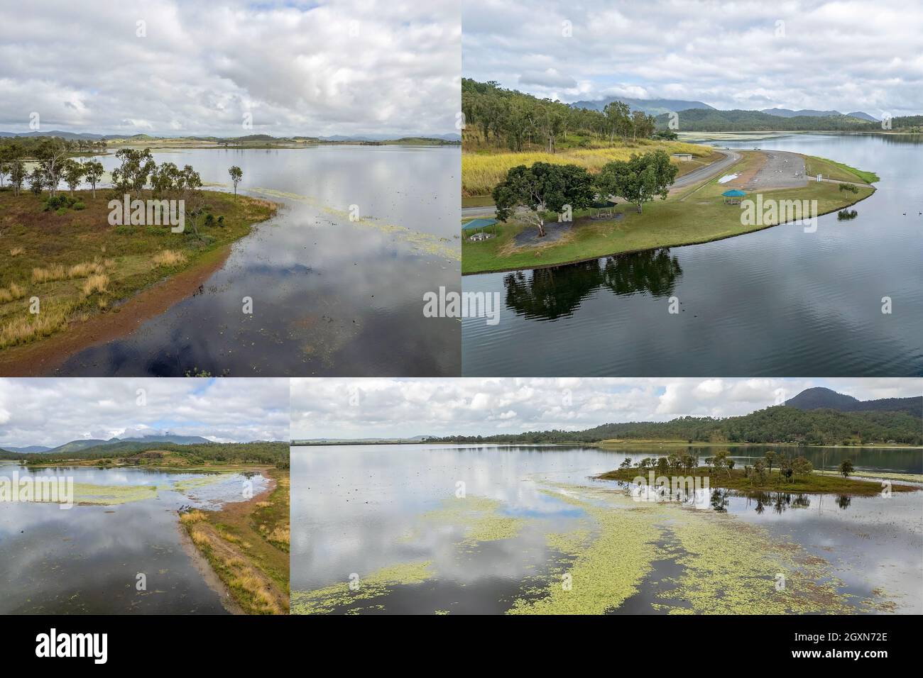 Collage of images of the expanse of a dam and its environment and use ...