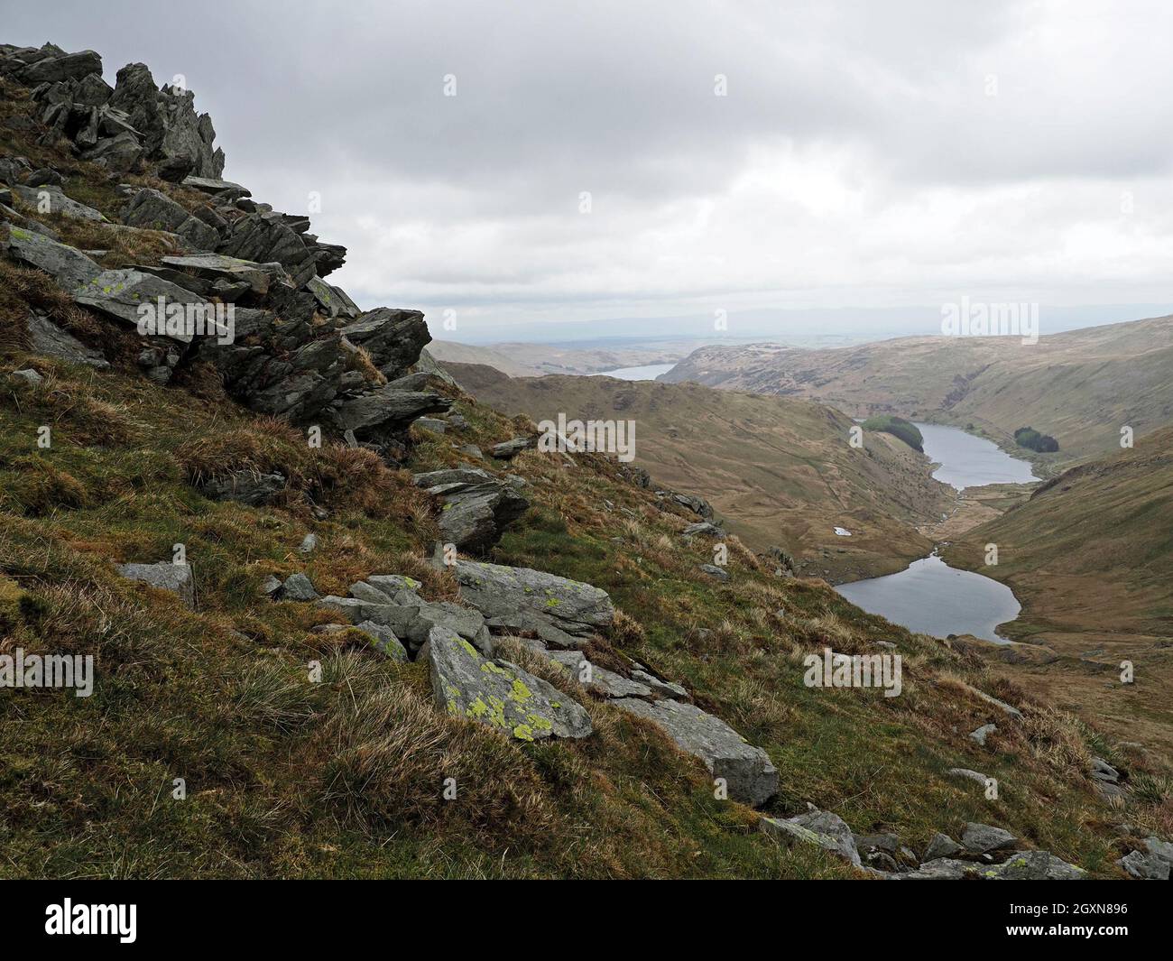 rocky lakeland landscape from Nan Bield pass High Street looking down ...