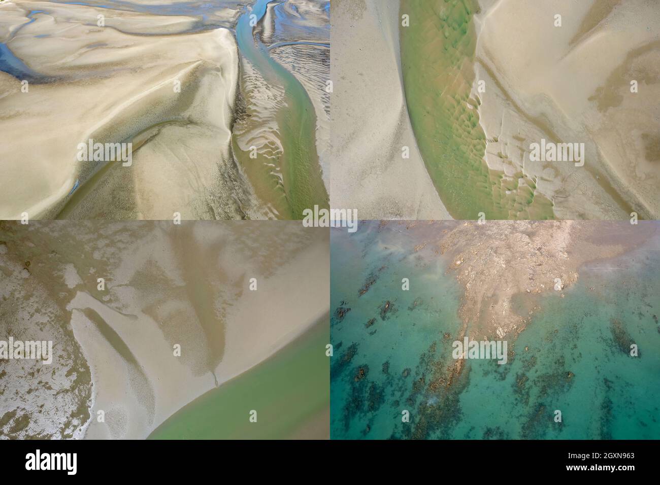 Aerial landscape patterns collage of the ocean at low tide showing all ...