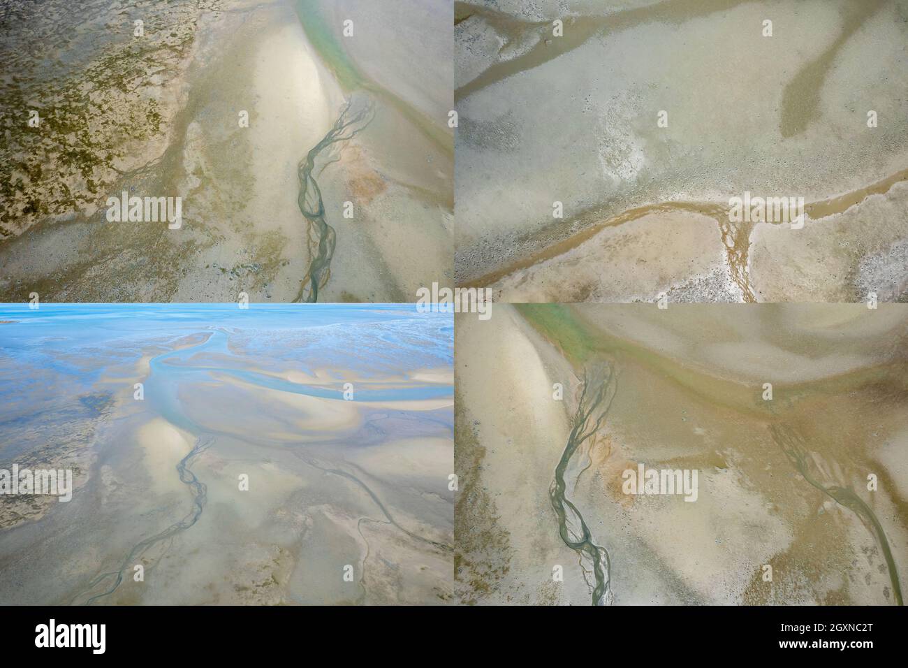The seabed at low tide showing abstract lines and textures in the mud ...