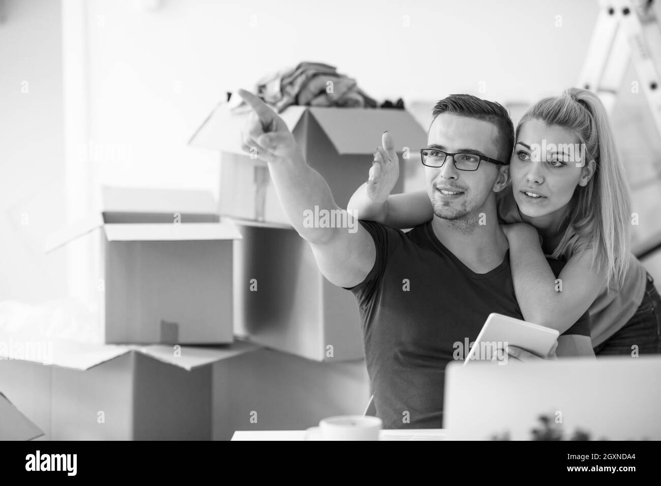 Happy couple notebook Black and White Stock Photos & Images - Alamy