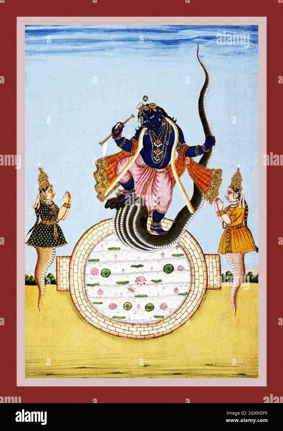 Krishna standing on the hood of the serpent Kaliya Stock Photo - Alamy