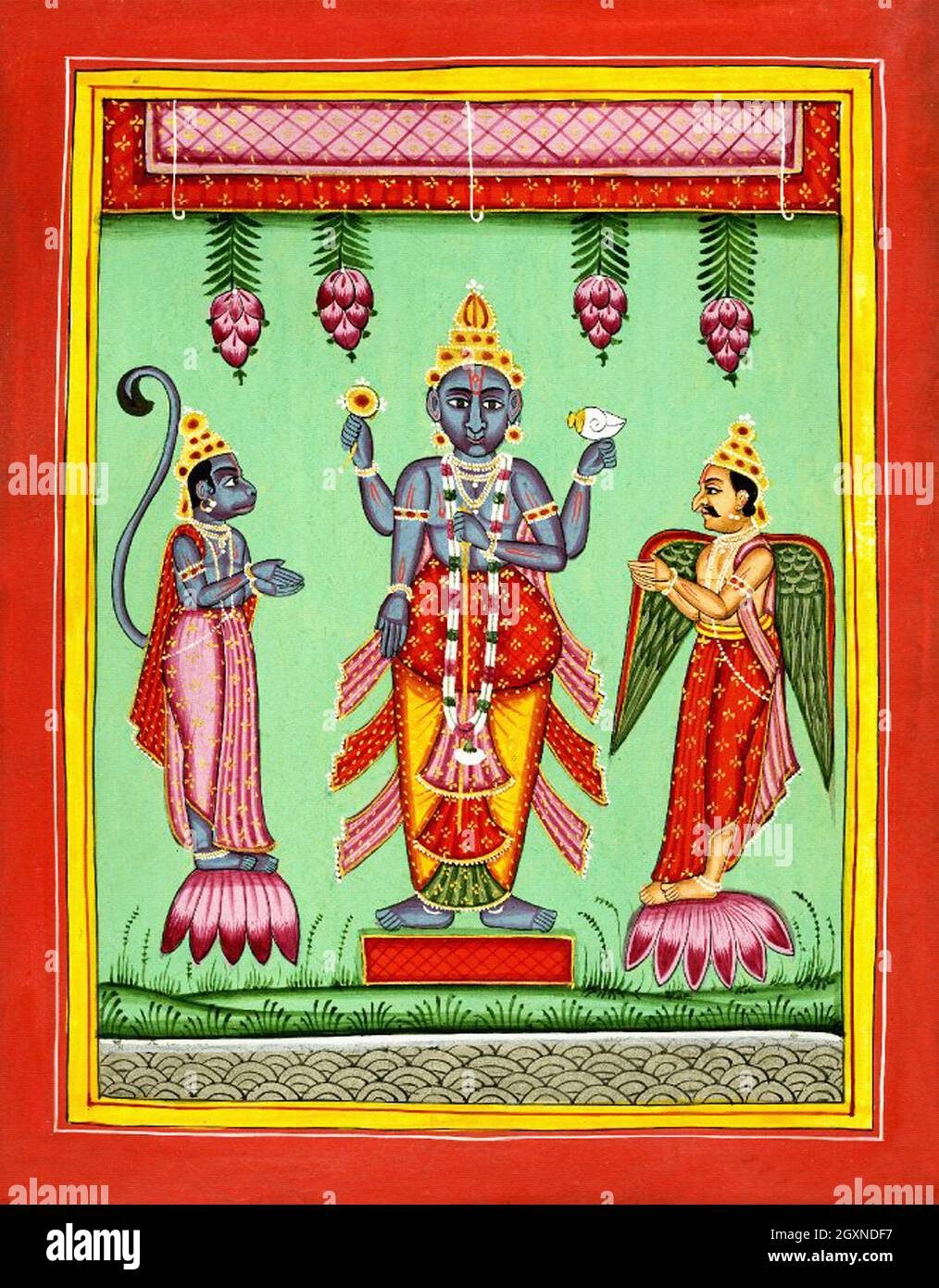 Vishnu saluted by Hanuman on his left and Garuda on his right Stock ...