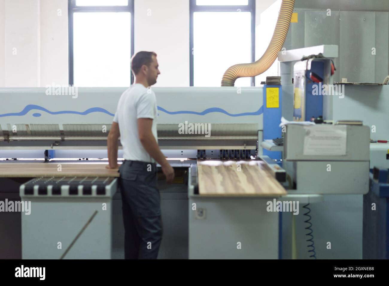 Young worker works in a factory for the production of wooden furniture ...