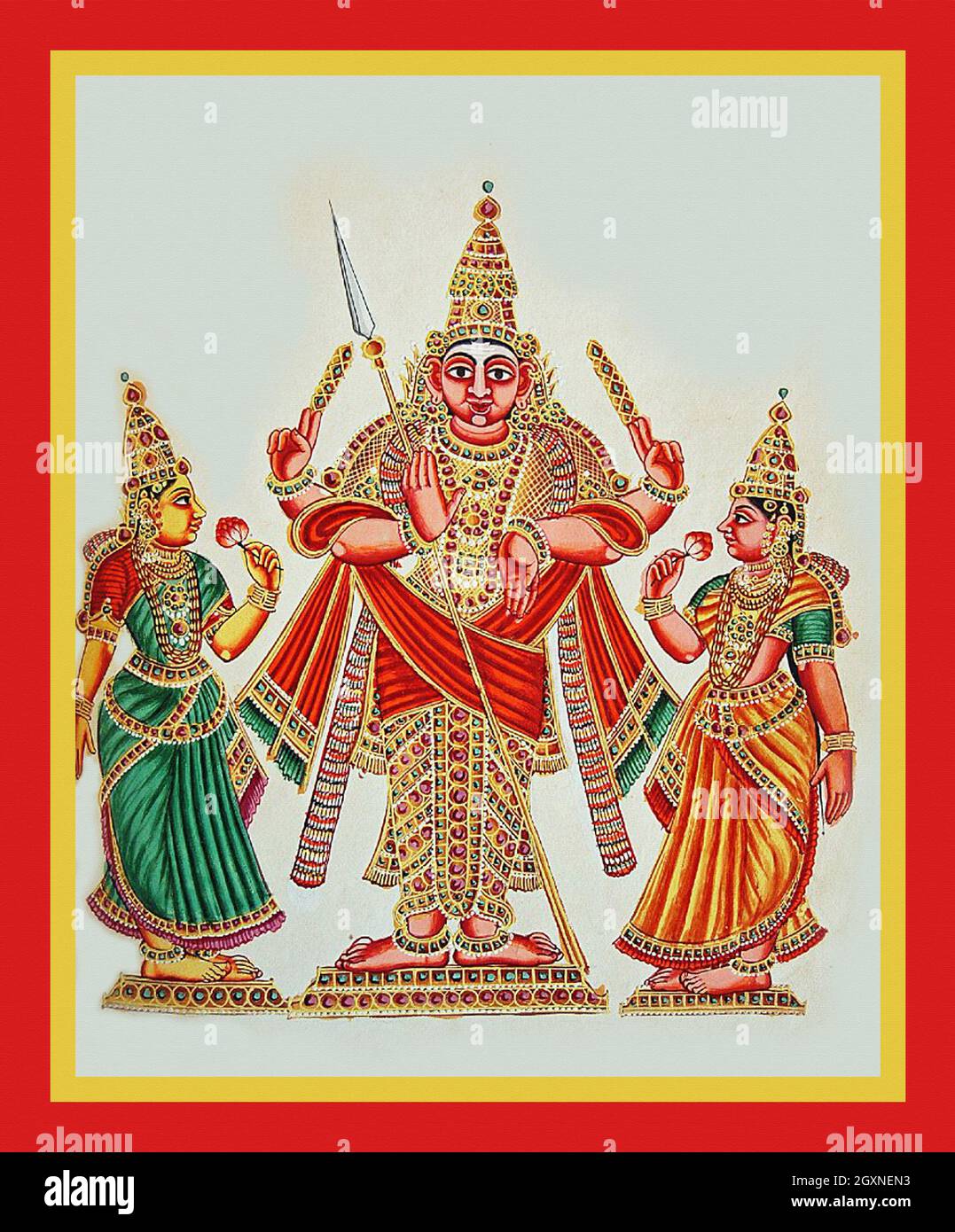 Subrahmanya flanked by the goddess Devasena and Vall Stock Photo - Alamy