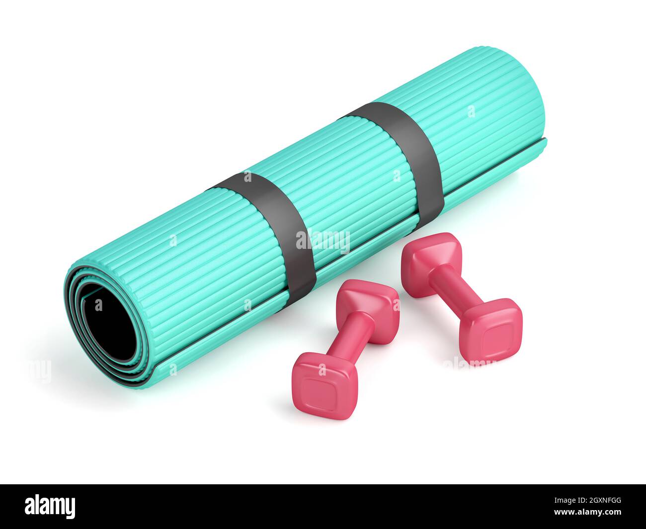 Dumbbells and rubber exercise mat on white background Stock Photo - Alamy