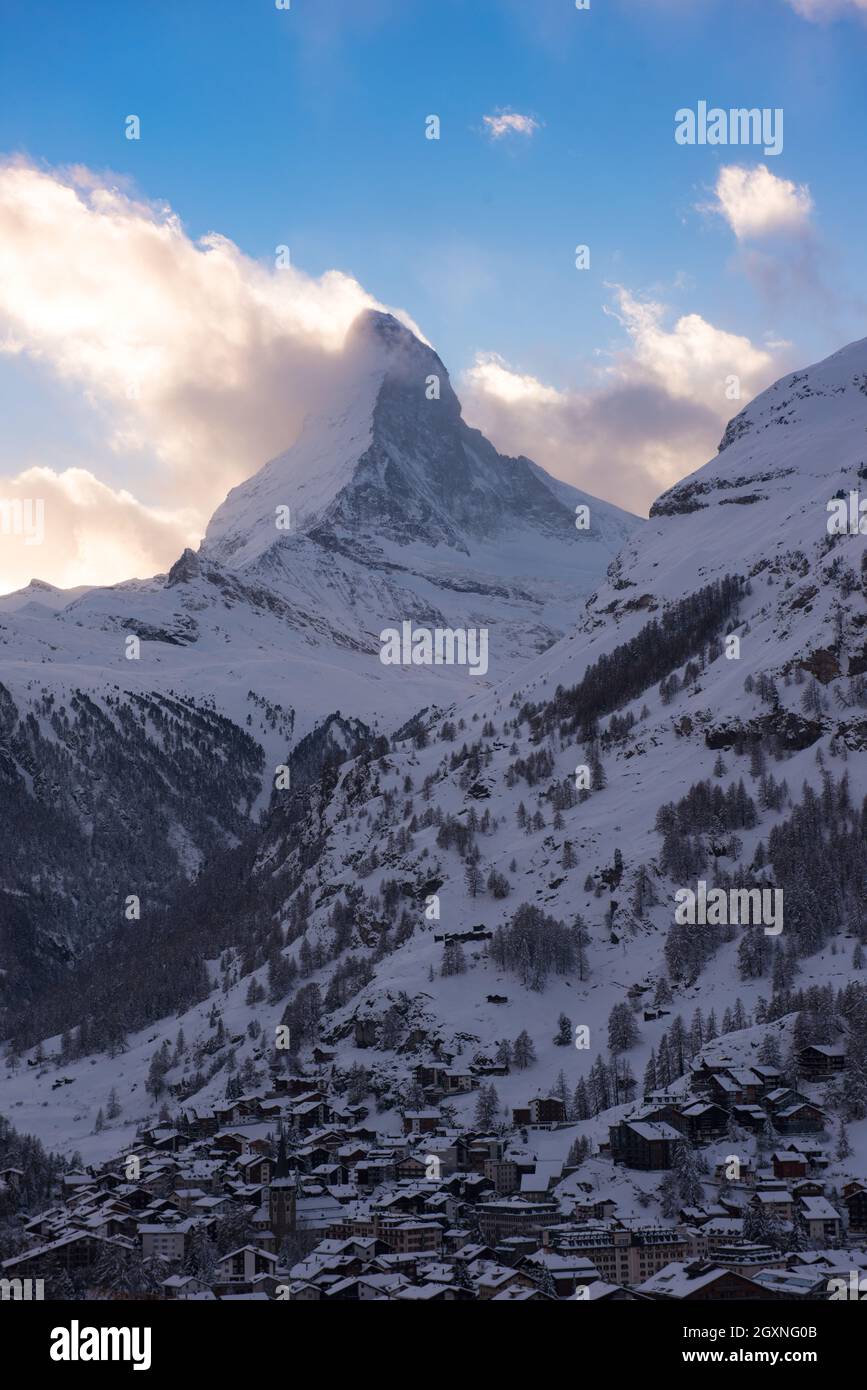 aerial view on zermatt valley and matterhorn peak at dusk with fresh ...