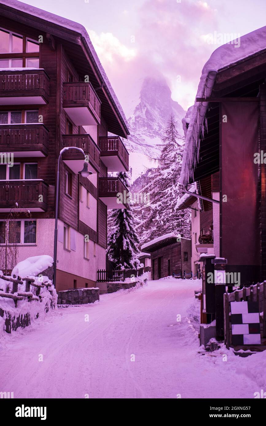 street view of old village with Matterhorn peak background in Zermatt ...