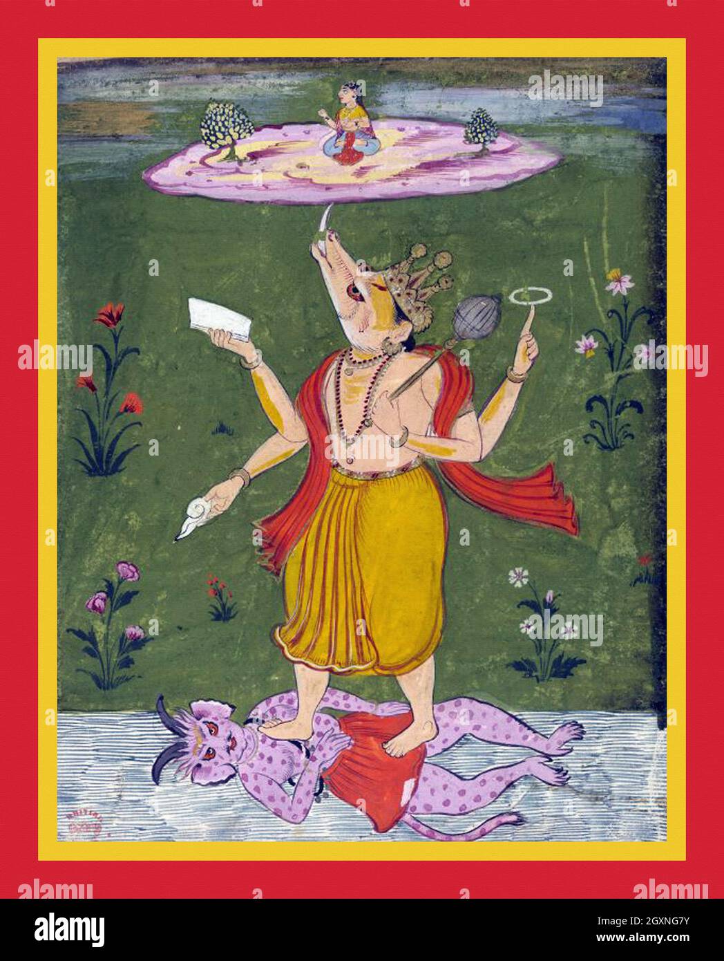 Varaha supporting Laksmi or Bhudevi on the earth by his tusk Stock ...