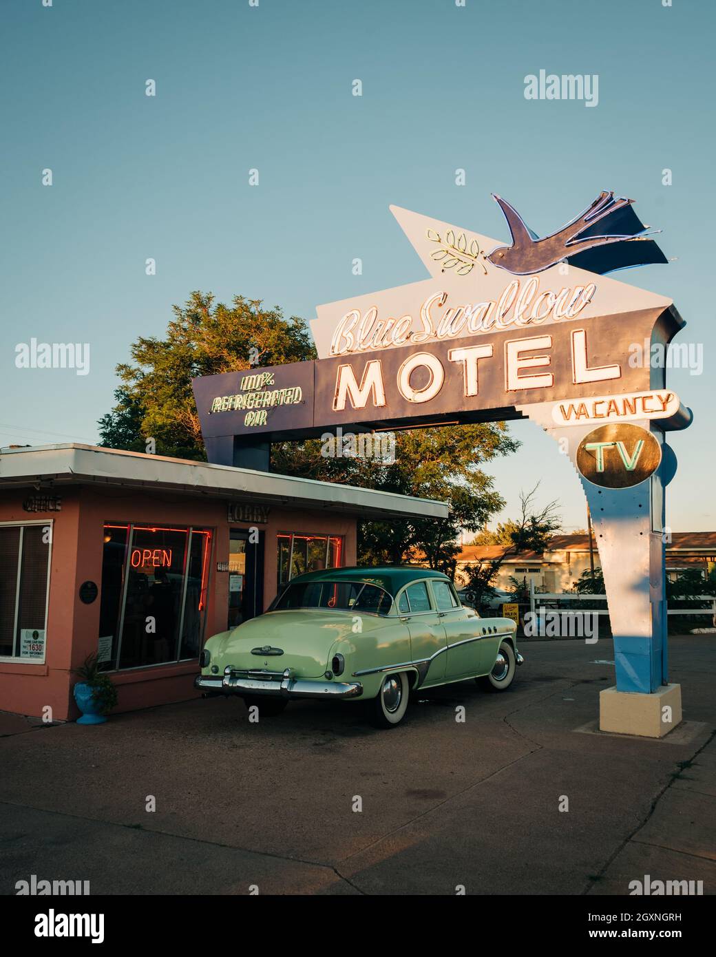 Vintage Blue Swallow Motel retro neon sign, on Route 66 in Tucumcari ...