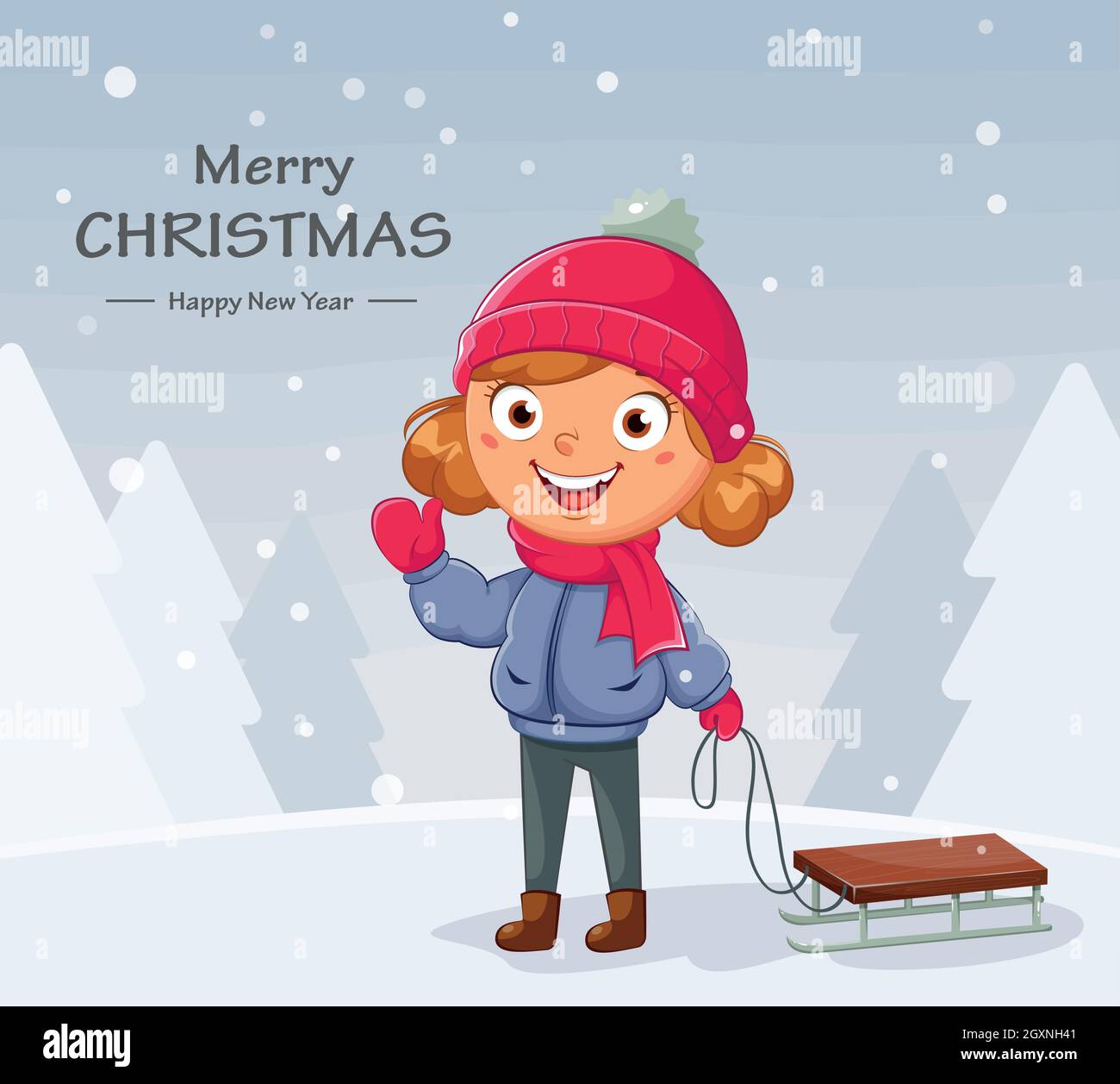 Merry Christmas. Kid with sled. Cute girl cartoon character sledding ...
