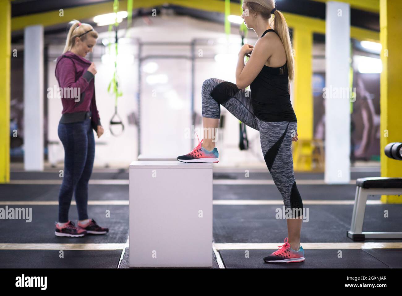 group of young healthy athletic people training jumping on fit box at ...