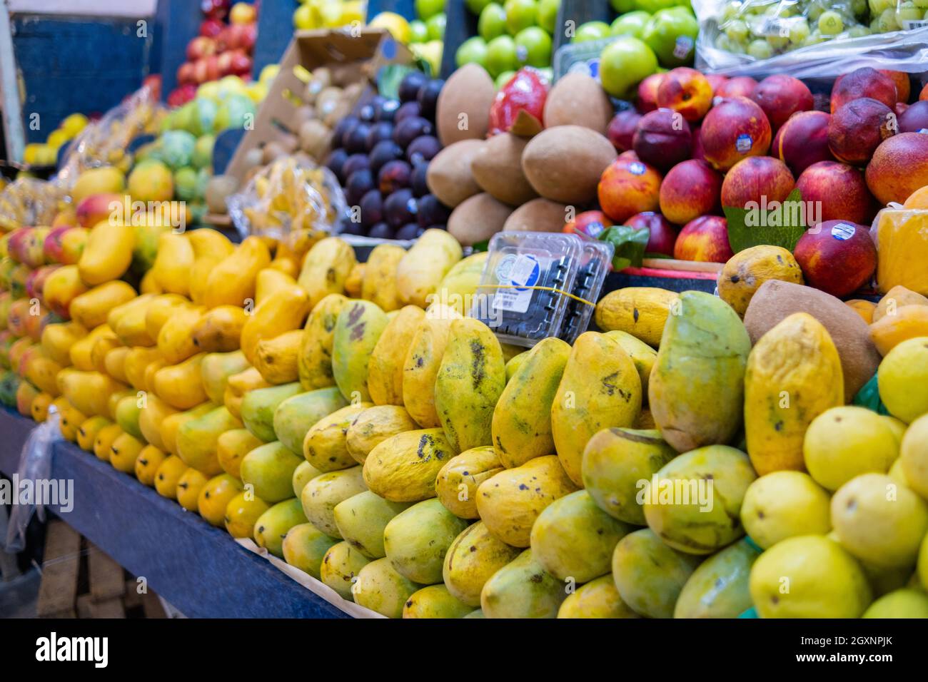 Colorful fruit stand with fresh mangoes, mamey, peaches, green apples ...