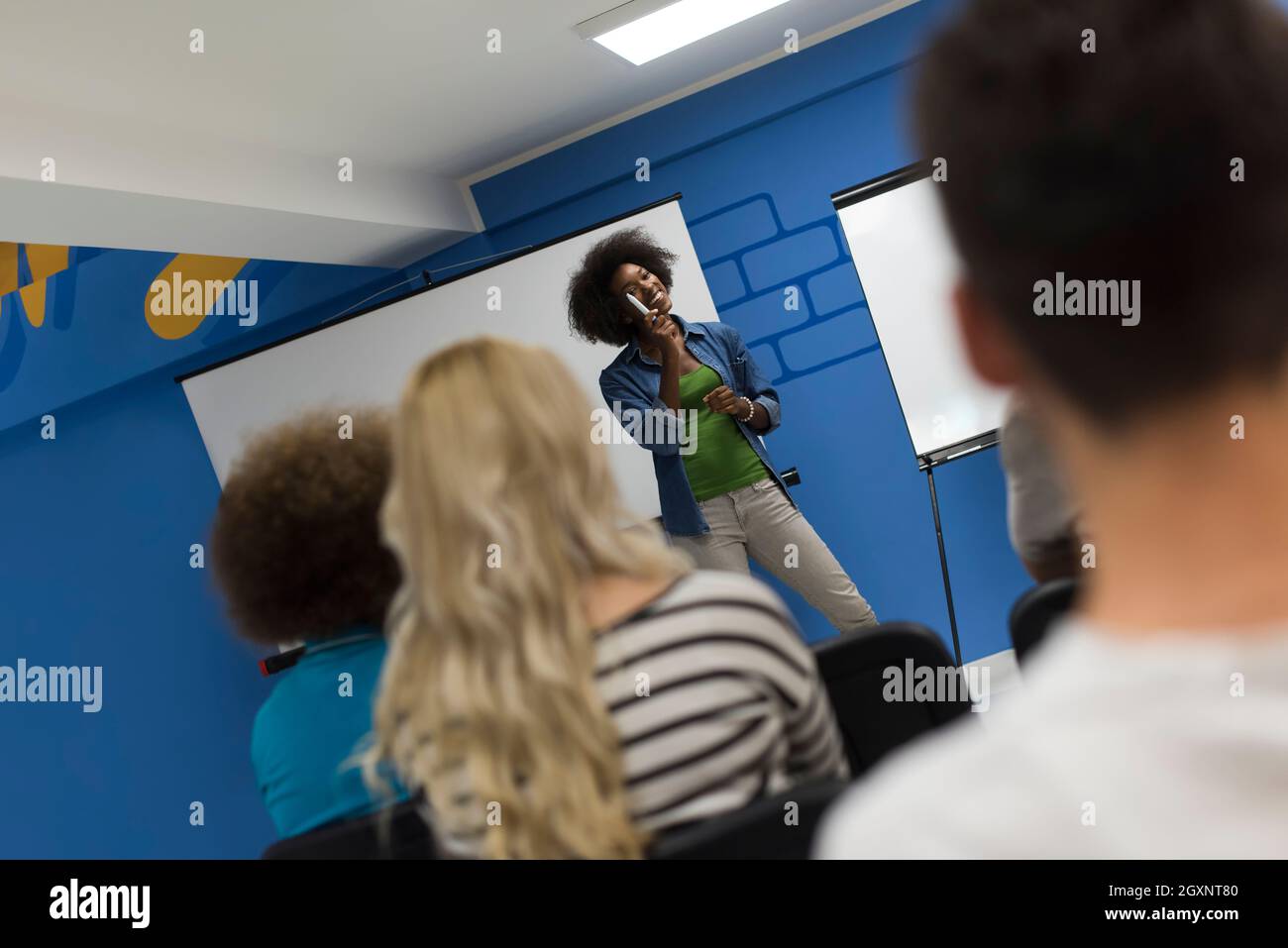 Young african american Speaker Seminar Corporate Business Meeting ...