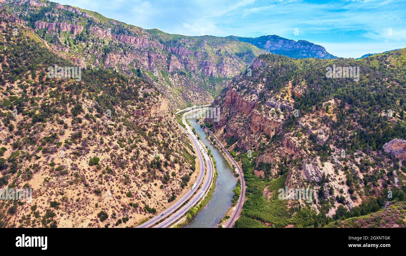 Canyon through the rocky mountains with colorado river and highway ...