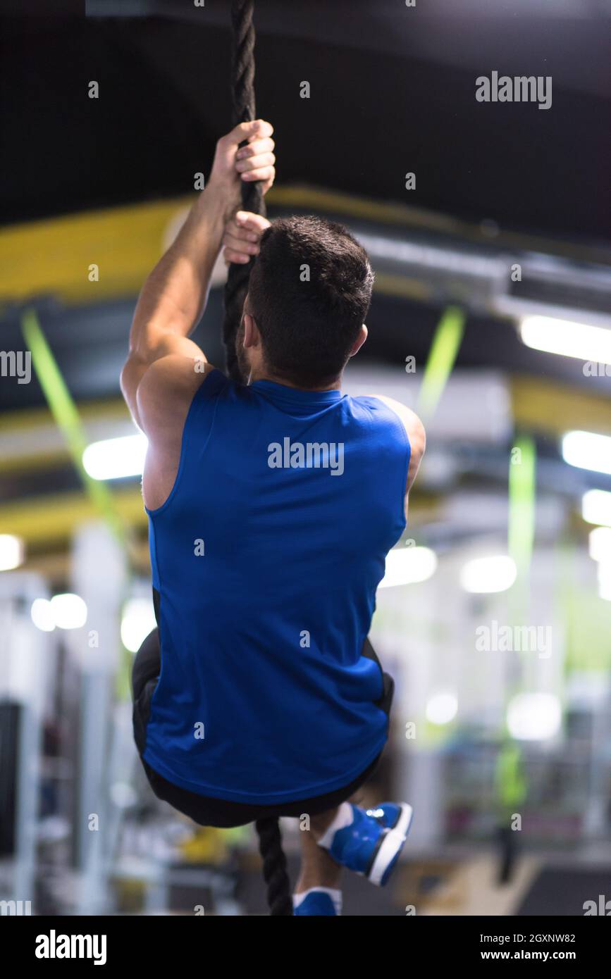 young muscular man doing rope climbing in cross fitness gym Stock Photo ...